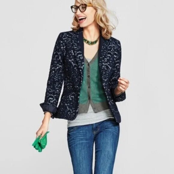 CAbi | Jackets & Coats | Cabi 9 New Wool Blend Midnight Blue Jacguard ...